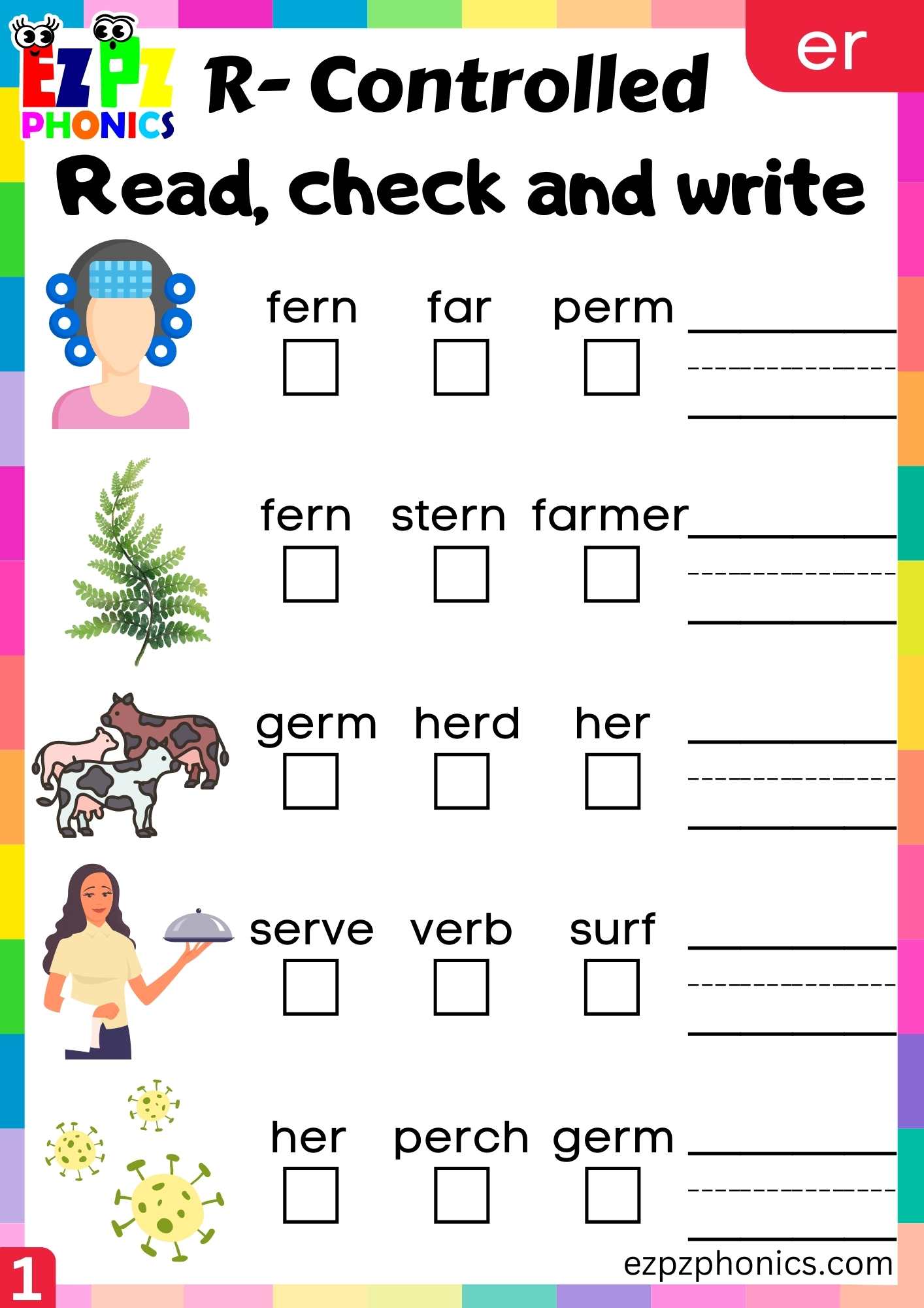 Read check and write activity for er words R controlled vowels phonics group 1 - ezpzphonics.com